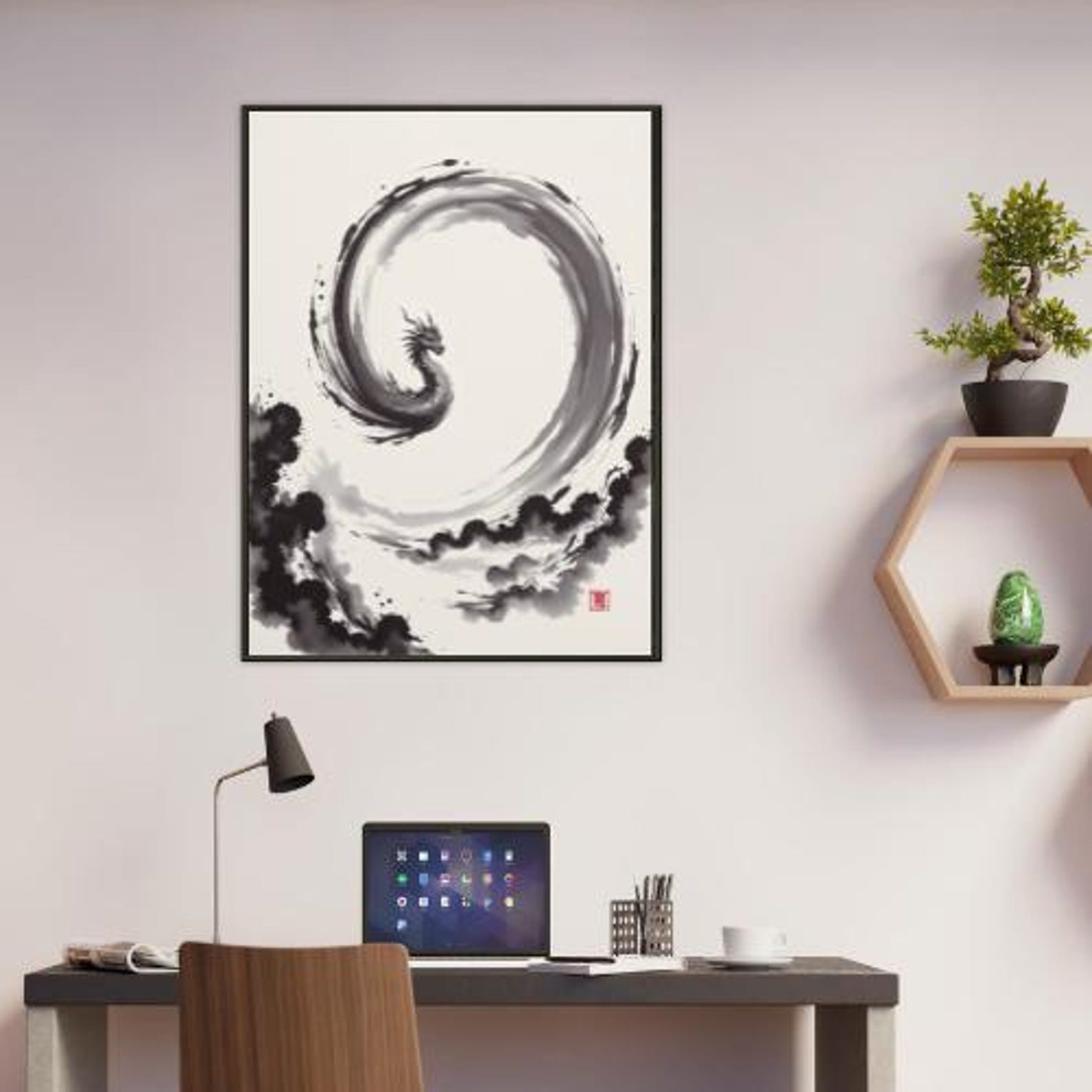 Dragon in Enso Ink Painting – Japanese Sumi-e Style Mythical Art Print ...