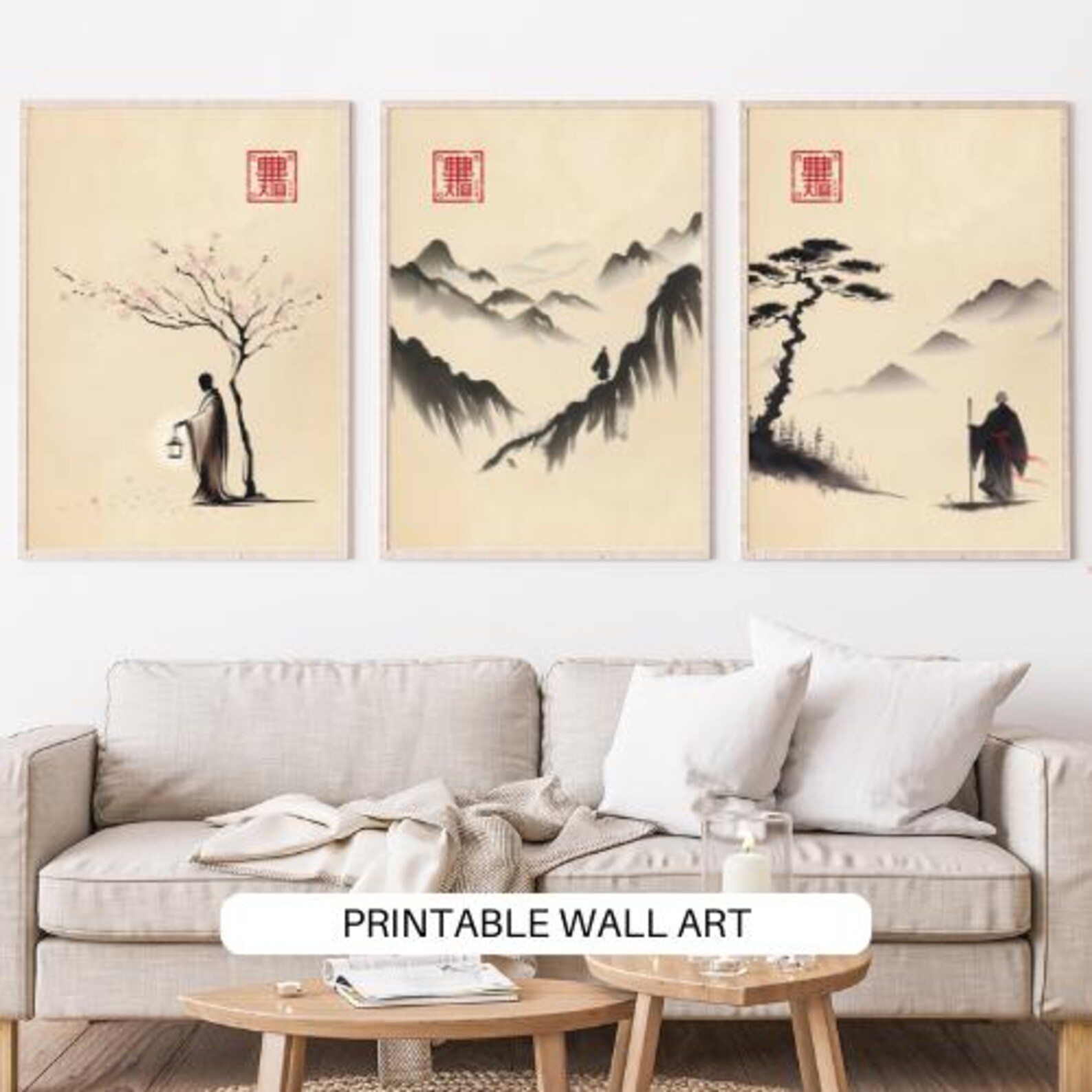 Japanese Monk Wall Art Bundle, Printable Zen Meditation Decor, High ...