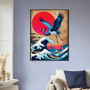 Elegant Crane Over Ocean Waves Japanese-inspired Metal Framed Art Print, Radiant Red Sun, Mount ...