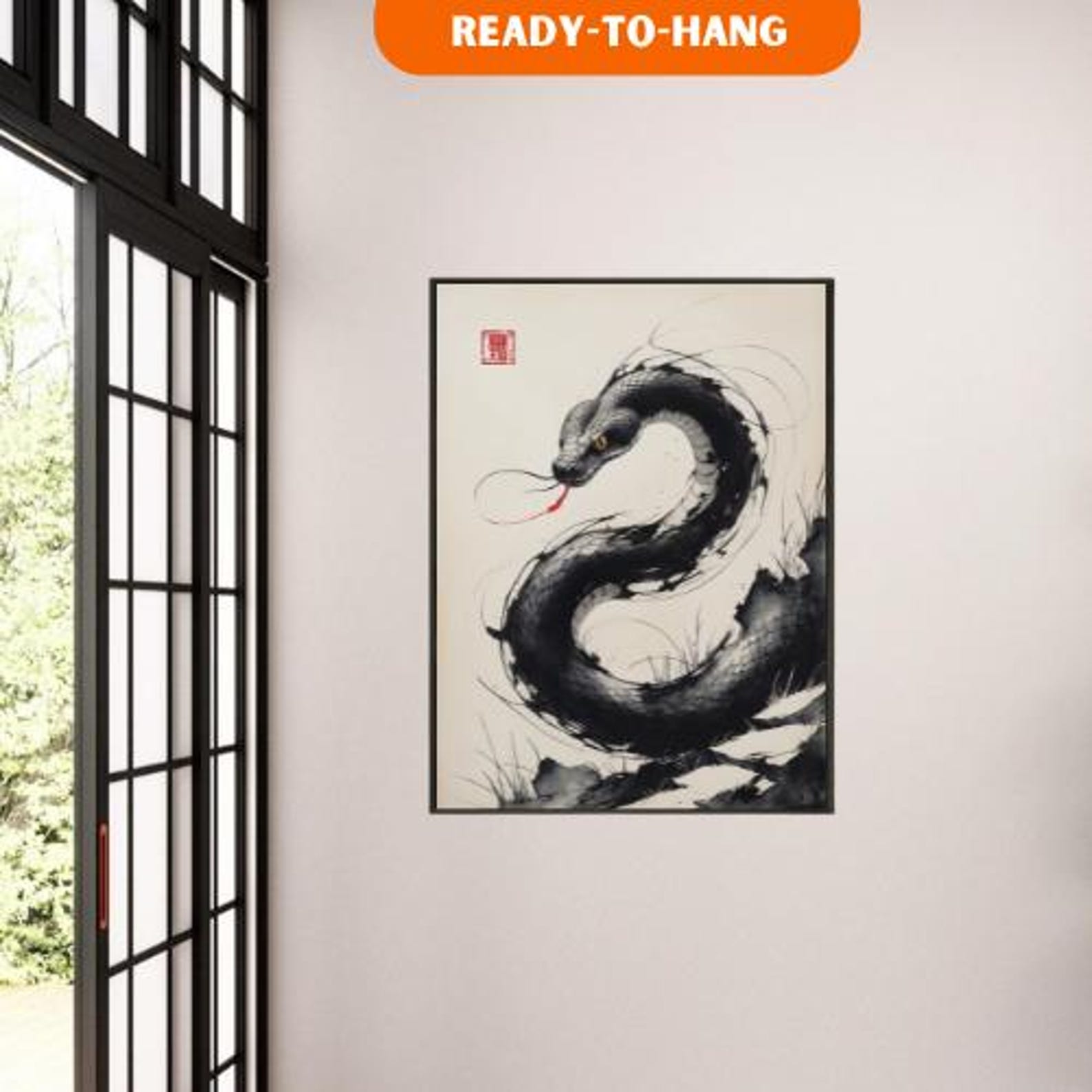 Japanese Sumi-e Snake Art Print – Metal Framed Wall Decor on Museum ...