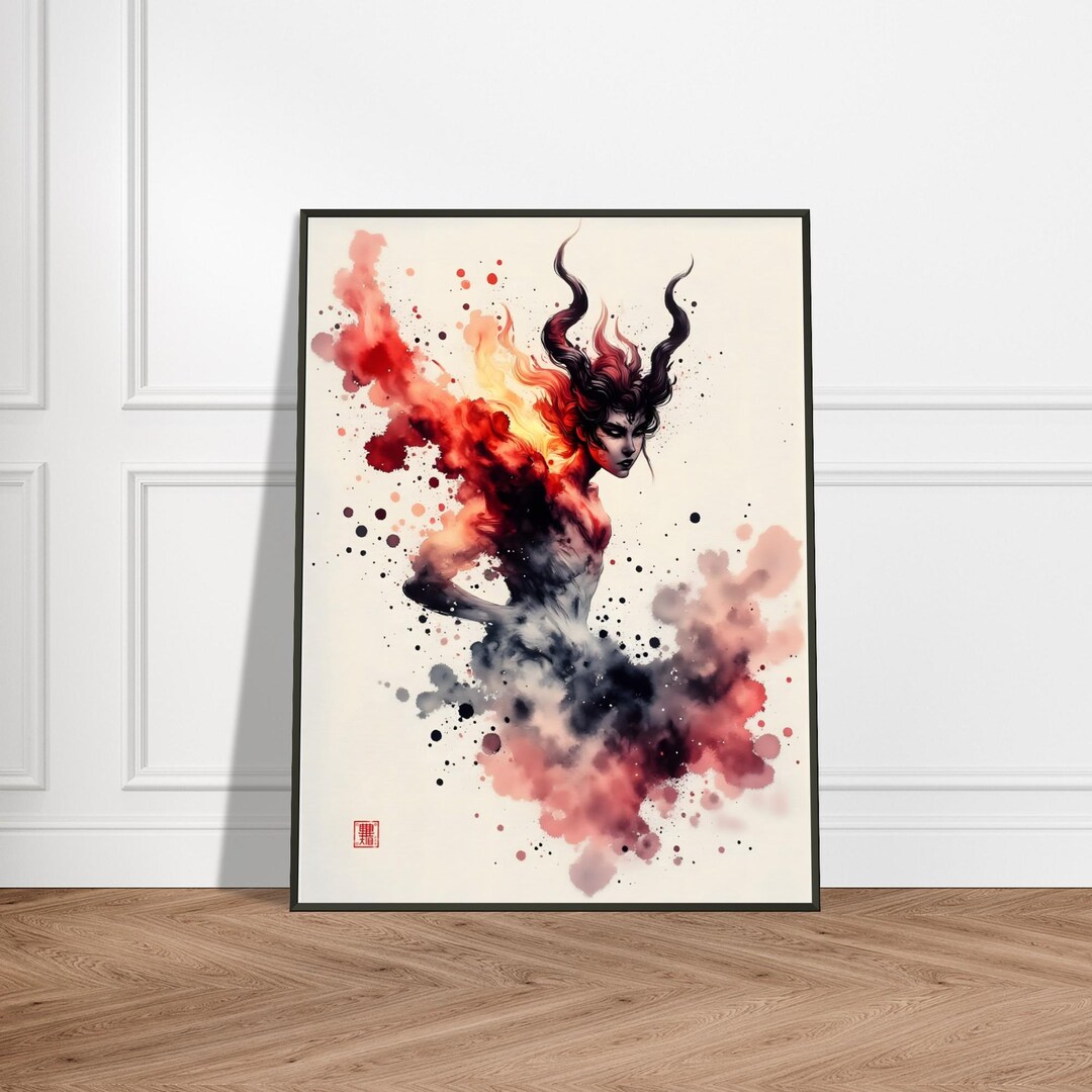 Japanese Demon Woman Wall Art – Fiery Oni Spirit Ink Painting – Bold ...