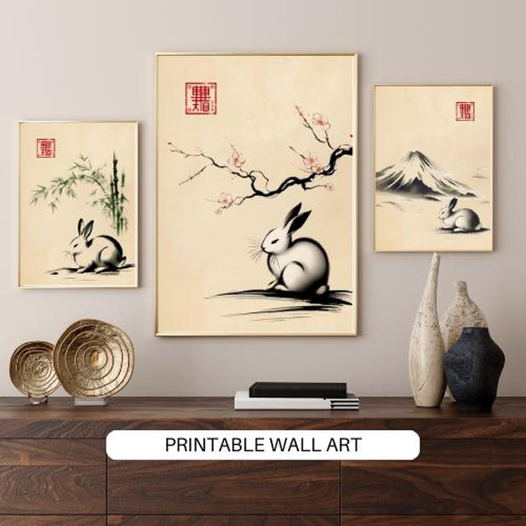 Minimalist Japanese Rabbit Art Prints, Set of 3, Custom Sizes, Zen ...