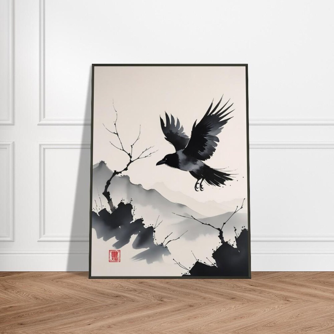 Flying Raven Wall Art – Japanese Ink Wash Painting With Mountain ...