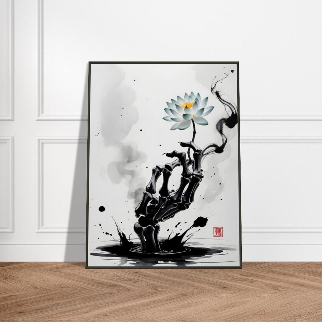 Skeleton Hand With Lotus Wall Art – Japanese Ink Wash Painting With ...