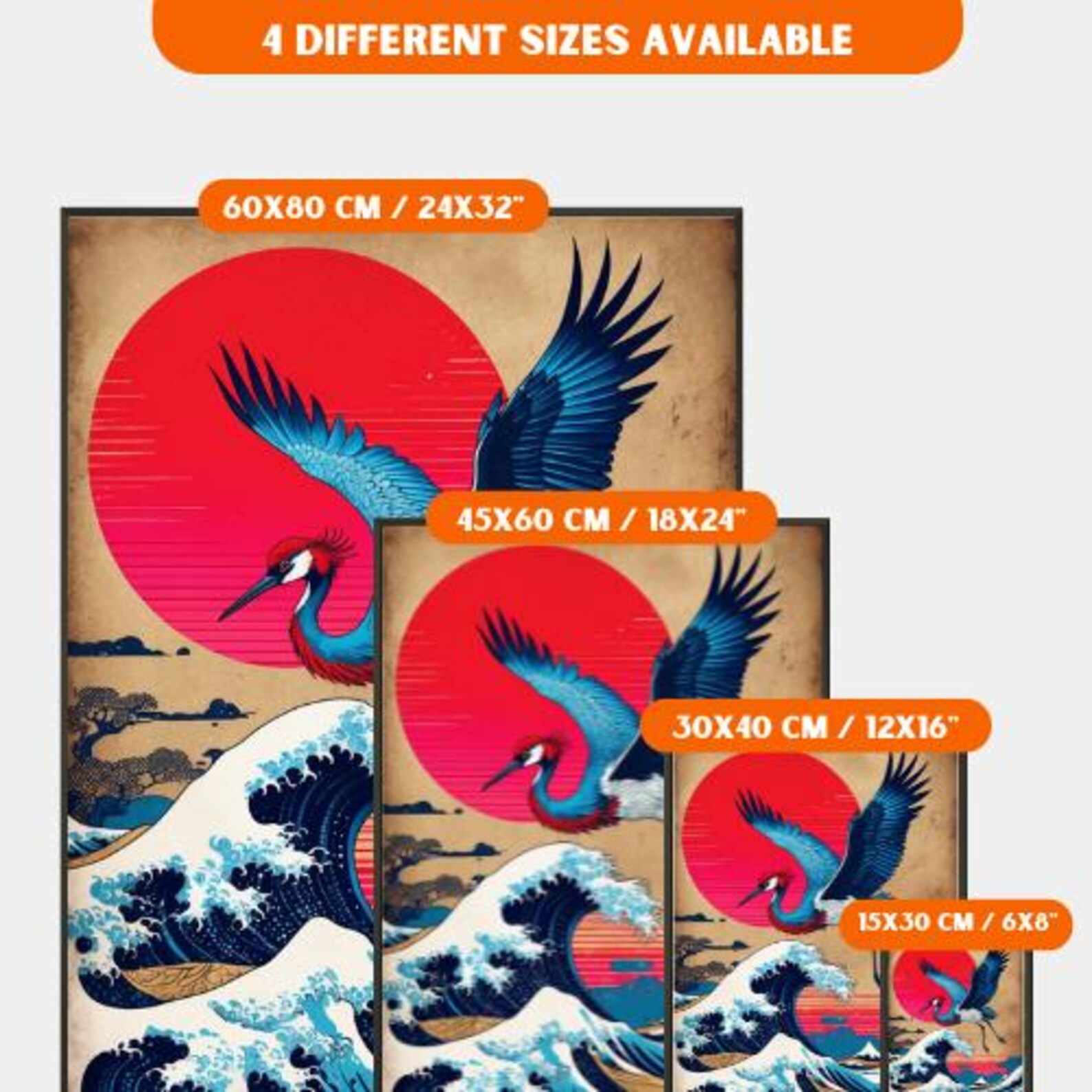 Elegant Crane Over Ocean Waves – Japanese-inspired Metal Framed Art ...