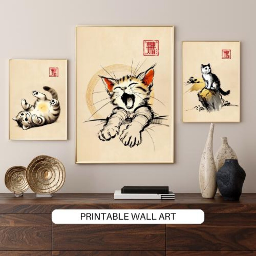 Japanese Cat Art Prints Set of 3, Minimalist Animal Posters, High-quality PNG, Custom Sizes ...