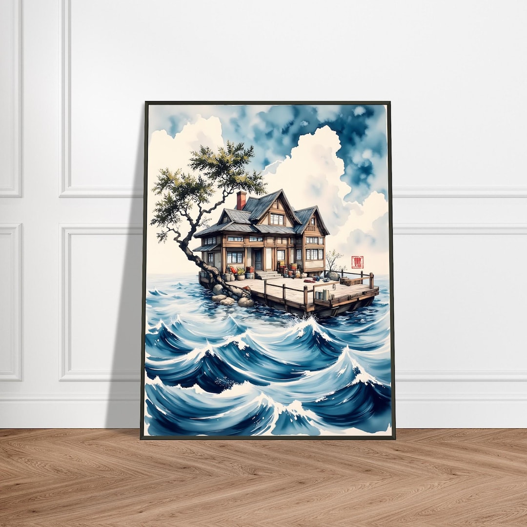 Floating House Art Print – Japanese Watercolor Ocean Cottage ...