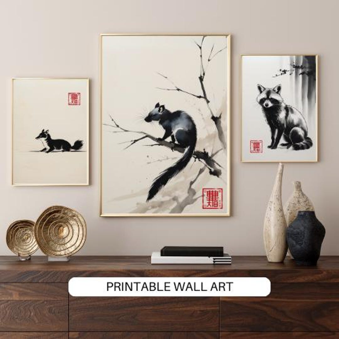 Japanese Raccoon Wall Art Set – Sumi-e Ink Painting, Tanuki Printable ...