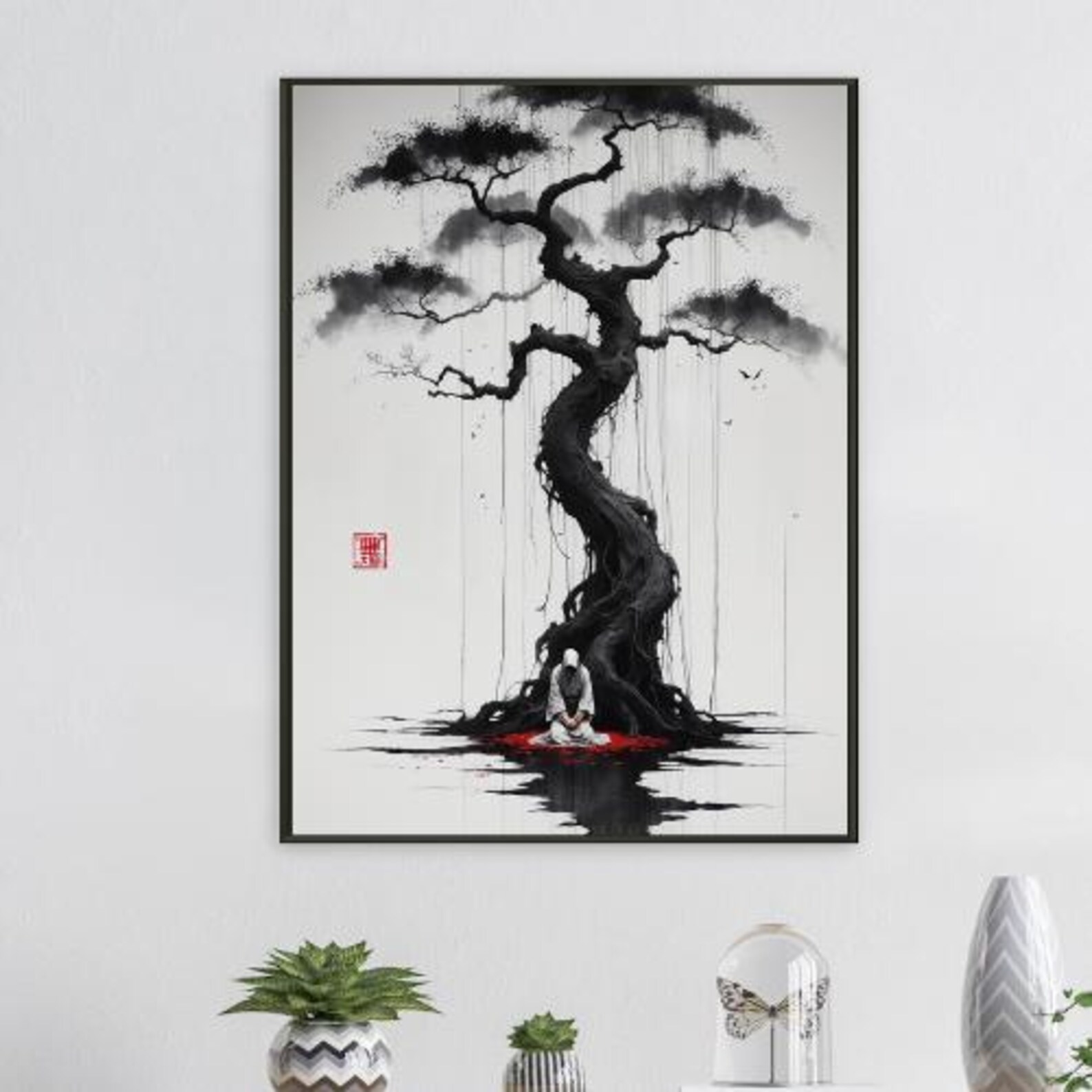 Meditative Monk Wall Art – Japanese Ink Wash Painting With Ancient Tree ...