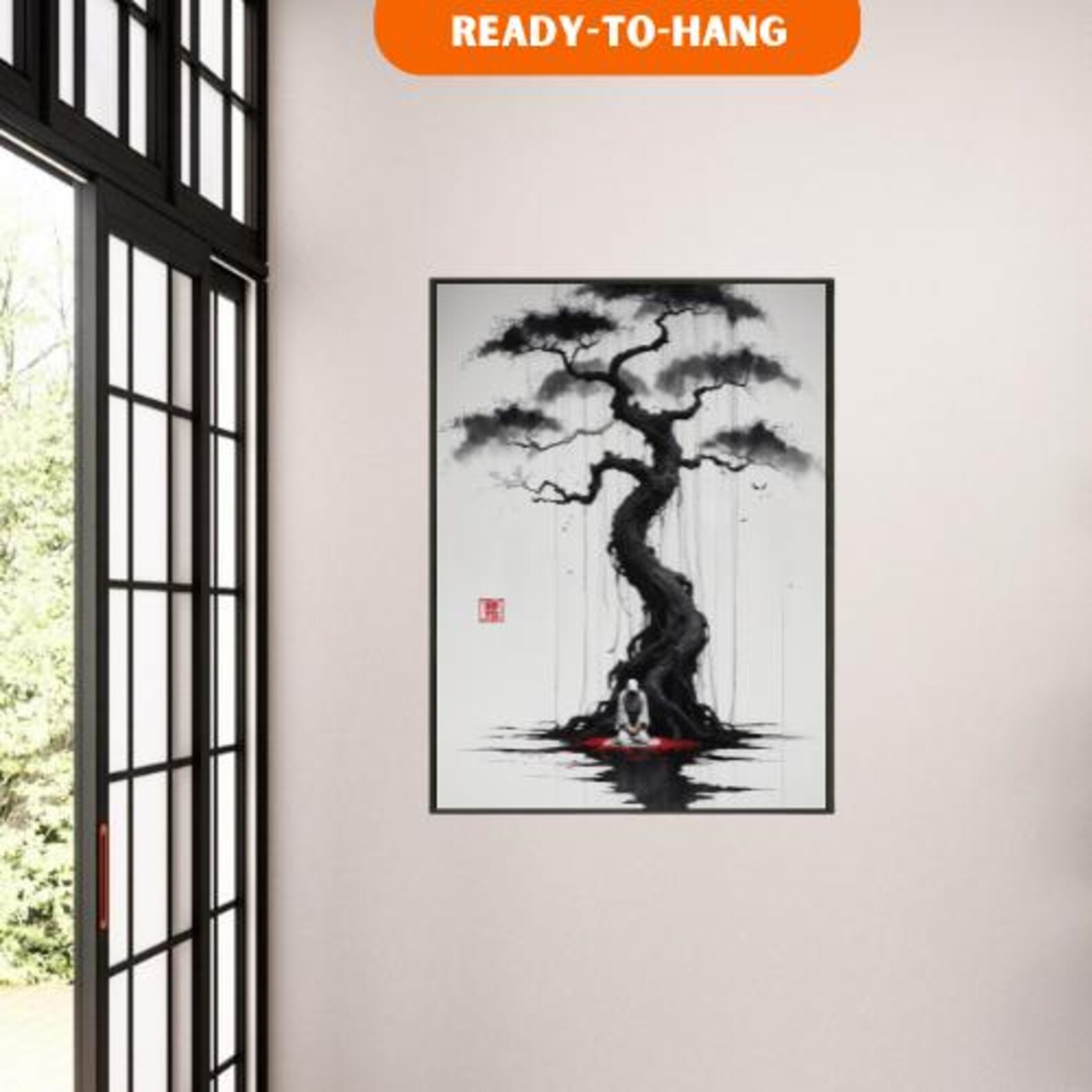 Meditative Monk Wall Art – Japanese Ink Wash Painting With Ancient Tree ...