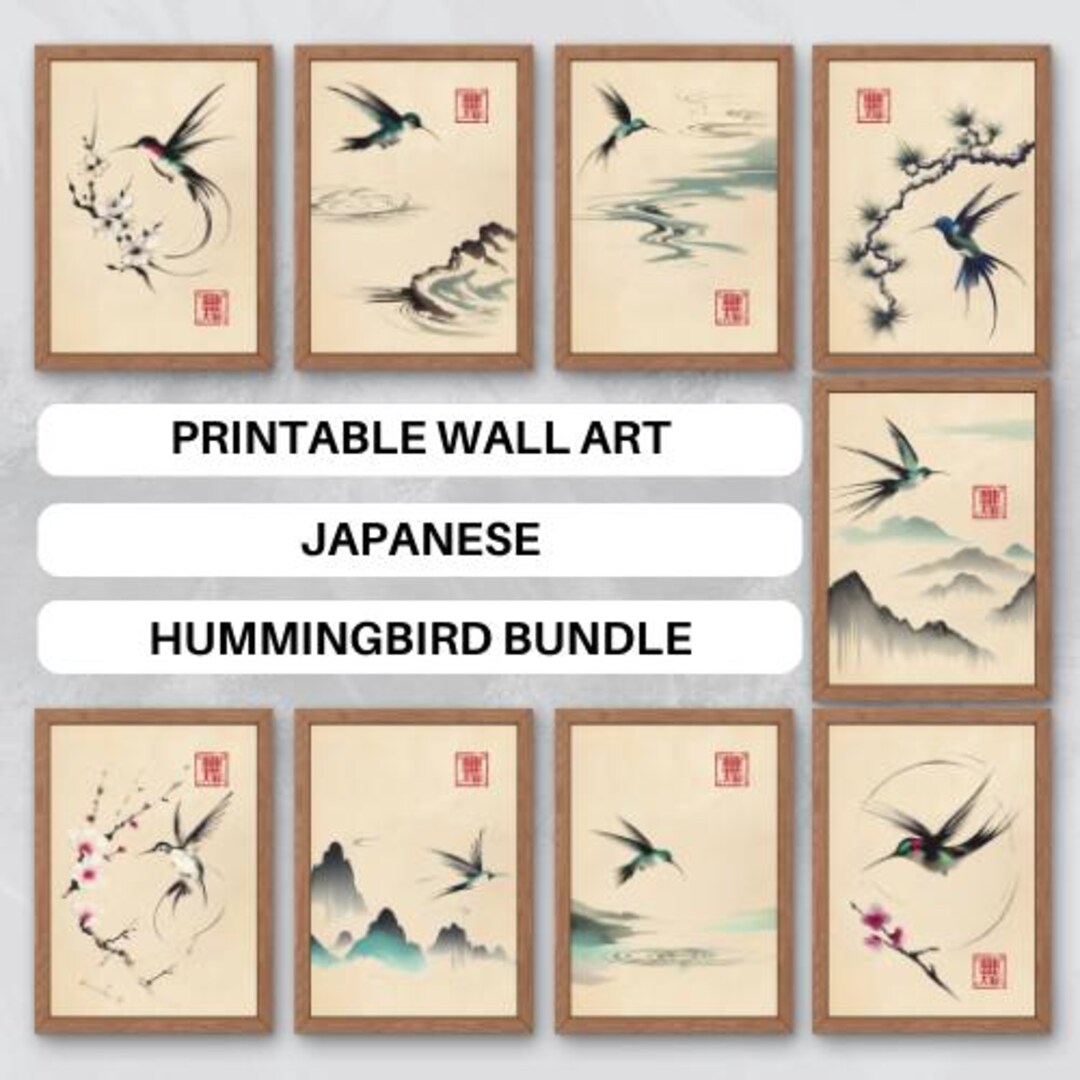 Japanese Hummingbird Wall Art Bundle, Printable Zen Bird Decor, High ...