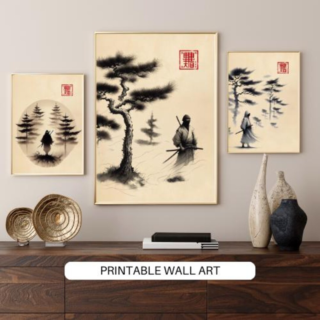 Japanese Ninja Wall Art Set, Printable Ninja Ink Art, Custom Sizes ...