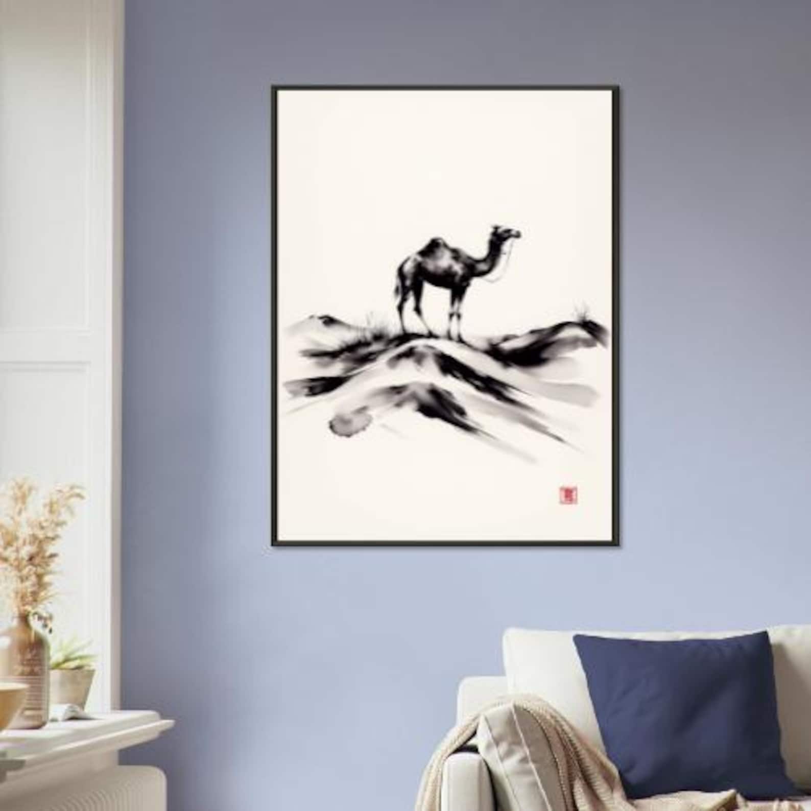 Camel in Desert Ink Painting – Japanese Sumi-e Style Art Print ...