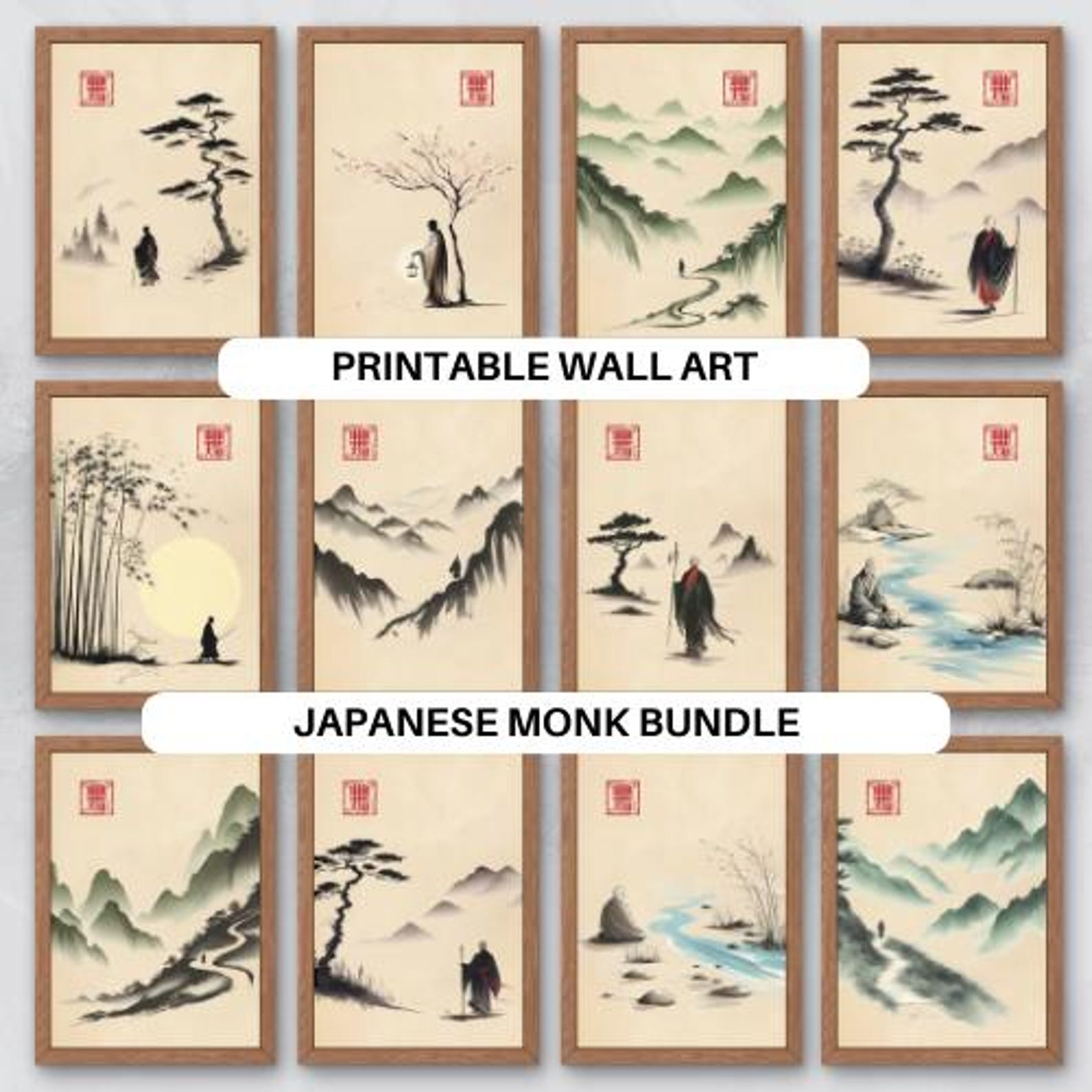 Japanese Monk Wall Art Bundle, Printable Zen Meditation Decor, High ...