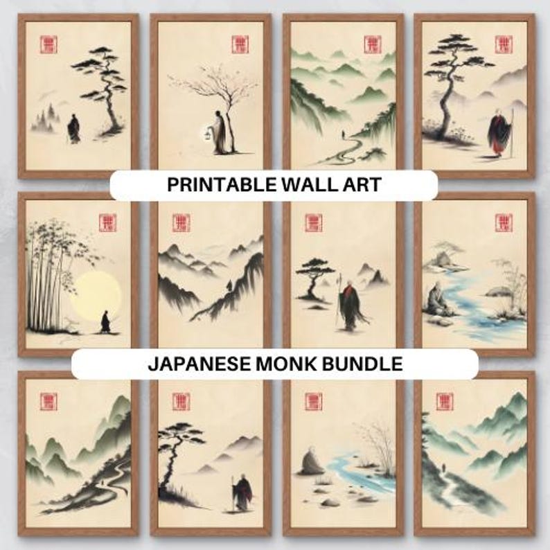 Japanese Monk Wall Art Bundle, Printable Zen Meditation Decor, High ...