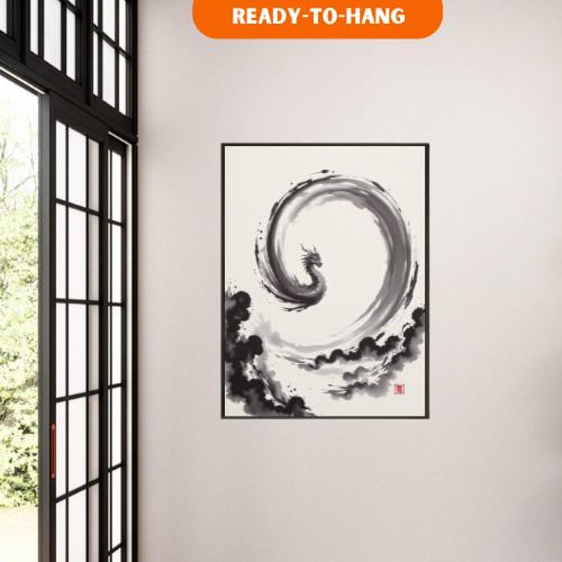 Dragon in Enso Ink Painting – Japanese Sumi-e Style Mythical Art Print ...
