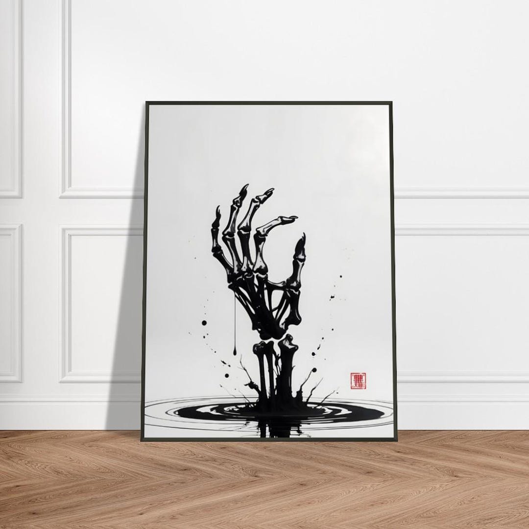 Skeleton Hand Wall Art – Japanese Ink Wash Painting With Dripping Black ...