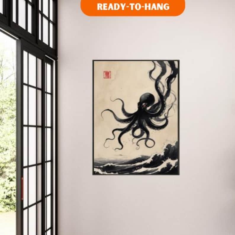 Japanese Sumi-e Octopus Art Print – Metal Framed Wall Decor on Museum ...