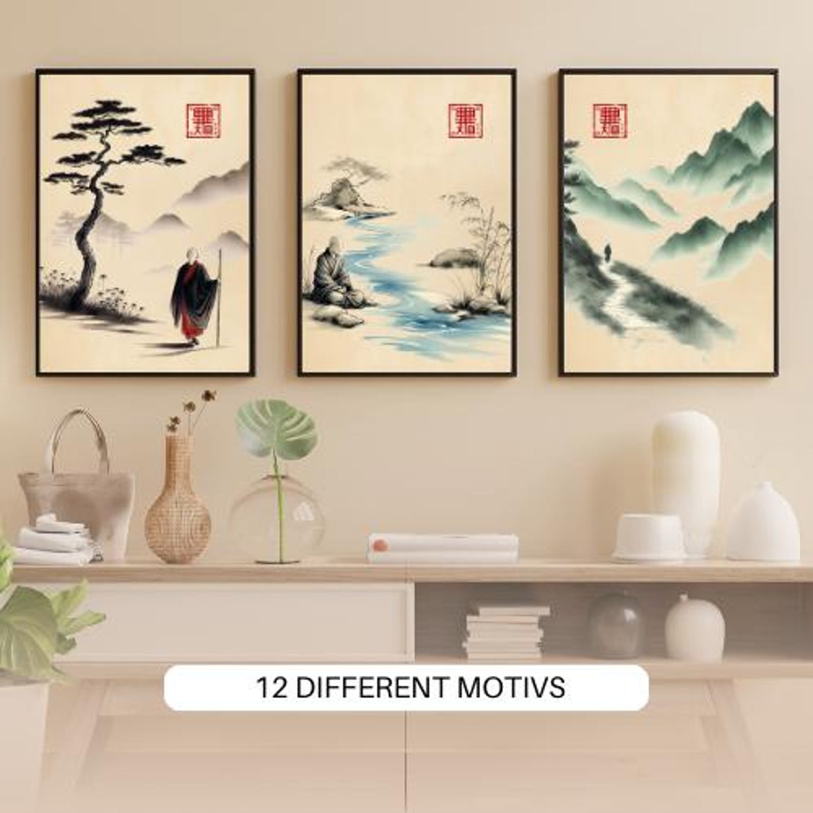 Japanese Monk Wall Art Bundle, Printable Zen Meditation Decor, High ...