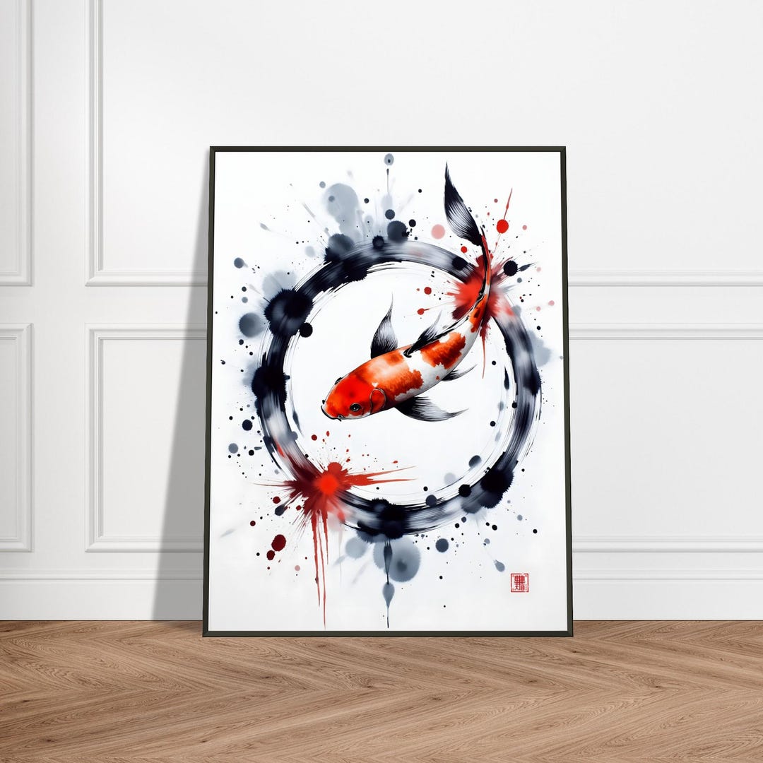Koi Fish in Enso Circle – Japanese Zen Ink Wall Art Print With Metal ...