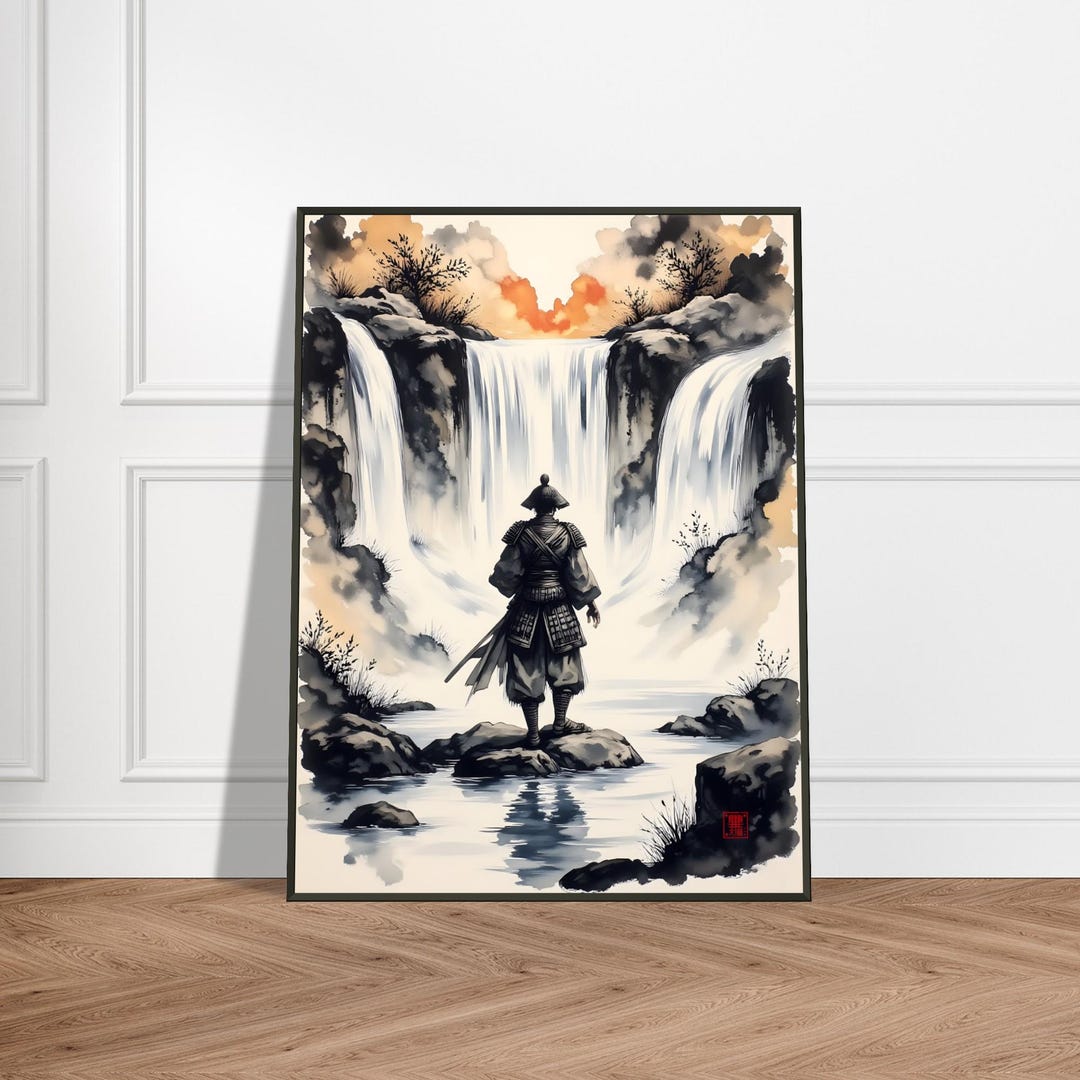 Samurai Waterfall Wall Art – Japanese Ink Painting With Warrior and ...