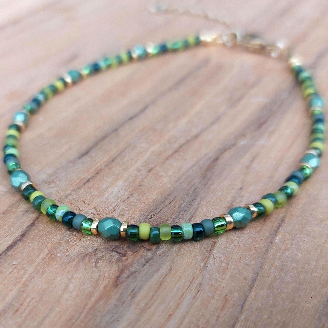 Miyuki Bracelet/anklet With Green Glass Beads, Stainless Steel, Ankle ...