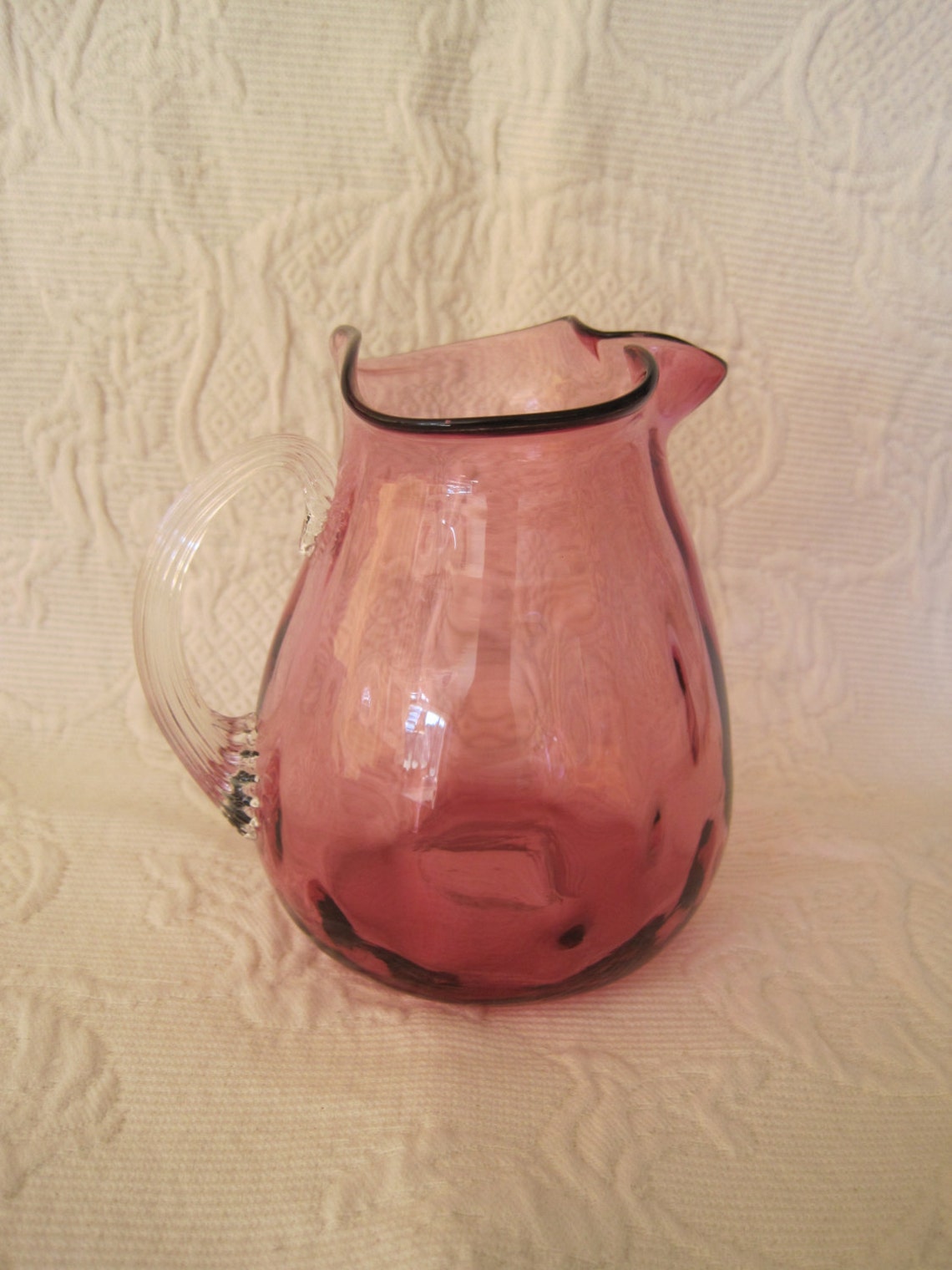 Vintage Cranberry Glass Pitcher Hand Blown Ribbed Clear Handle - Etsy