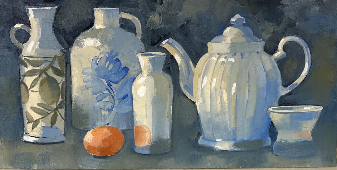 Original Oil Painting Still Life Study 20”x10” Blue and White - Etsy