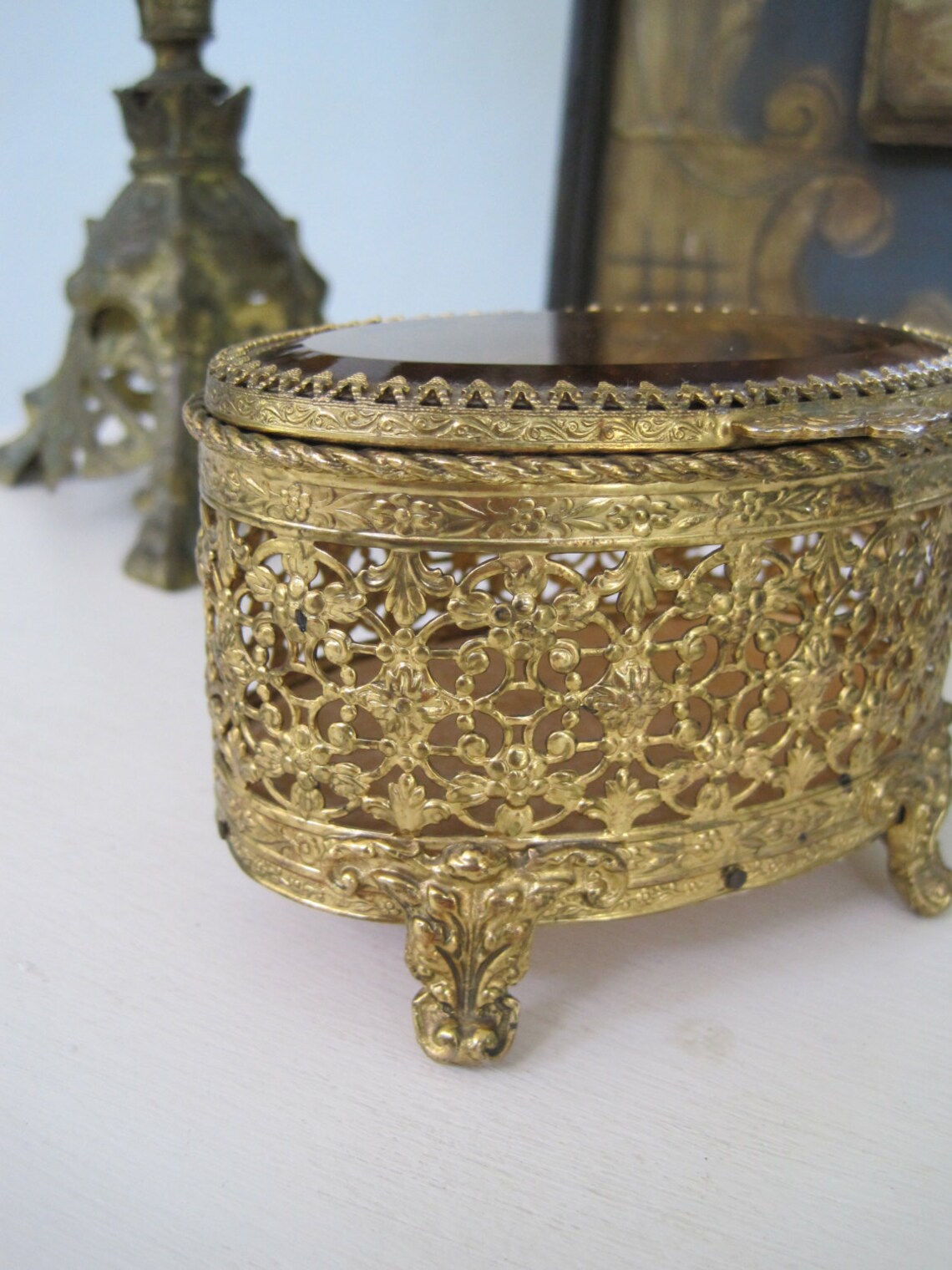 Ormolu Filigree and Glass Vanity Dresser Box Hinged Lid - Etsy