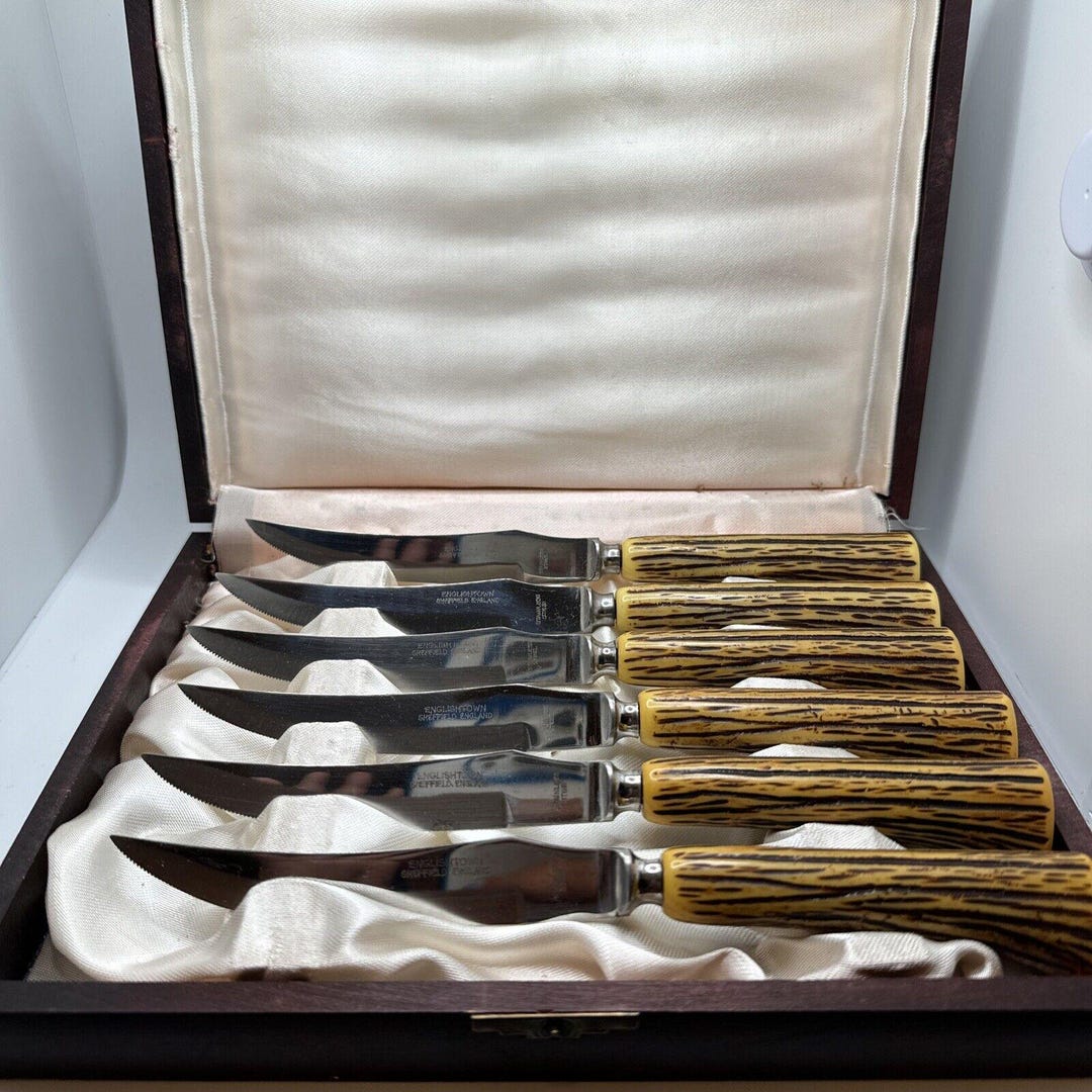 VINTAGE Sheffield England Forge Crown Crest Steak Knives Bakelite MCM ...