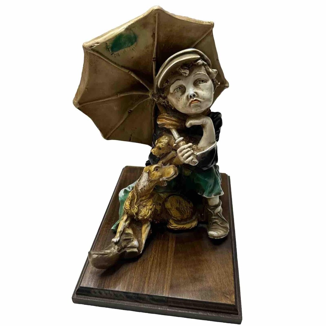 Pucci Capodimonte Italy Ceramic Figurine Boy Dog Umbrella as is 9” Tall ...
