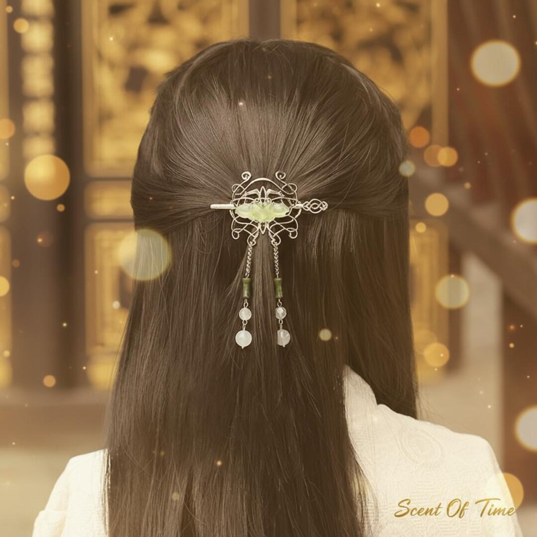Jade Hair Stick, Silver Floral Hairpin With Agate Tassels - Etsy