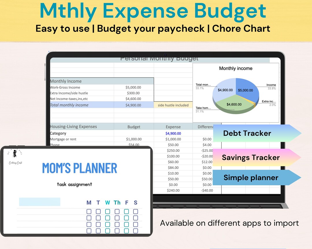 ADHD Digital Chore Chart Expense Tracker for Paycheck Budget Finance ...