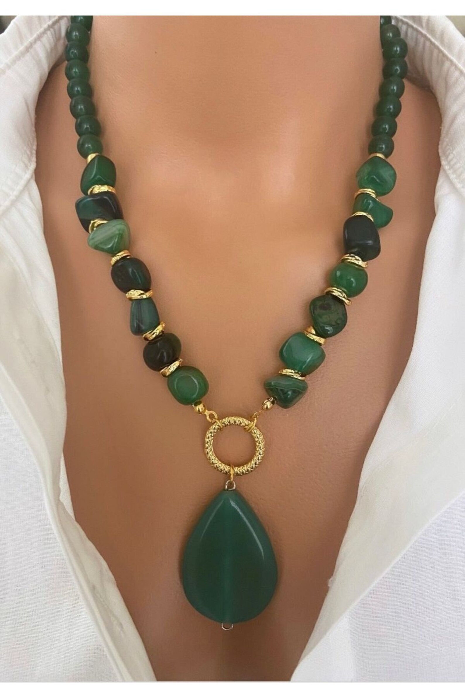 Natural Stone Green Agate Stone Gold Plated End Gold Plated Retro Chain ...