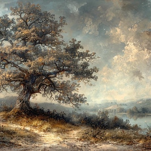 Rustic Tree and Lake View Wallpaper Natural Art vintage Style Wallpaper ...