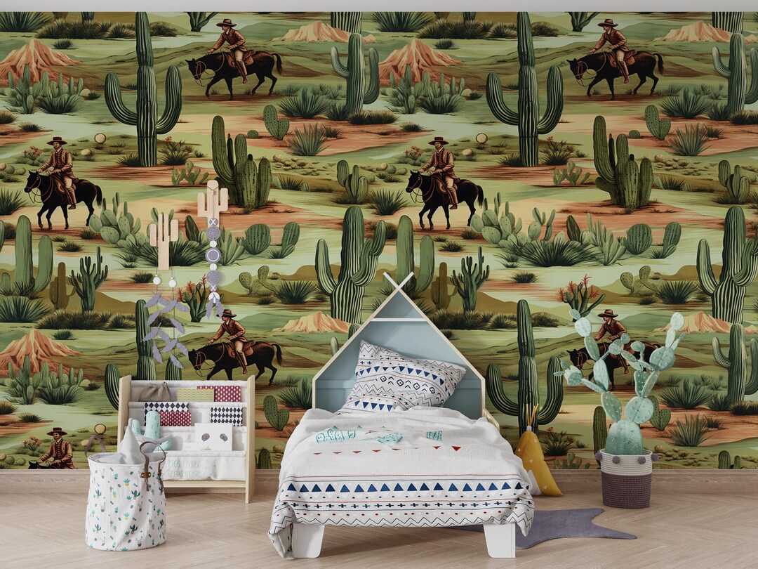 Western Cowboy Wallpaper - Desert Cactus and Horse Rider Theme for Kids ...
