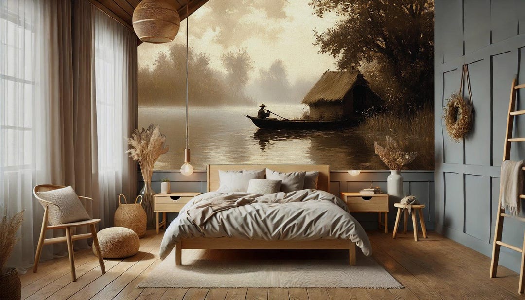 Rustic Lake View Wallpaper | Tranquil River and Fisherman Scene in ...