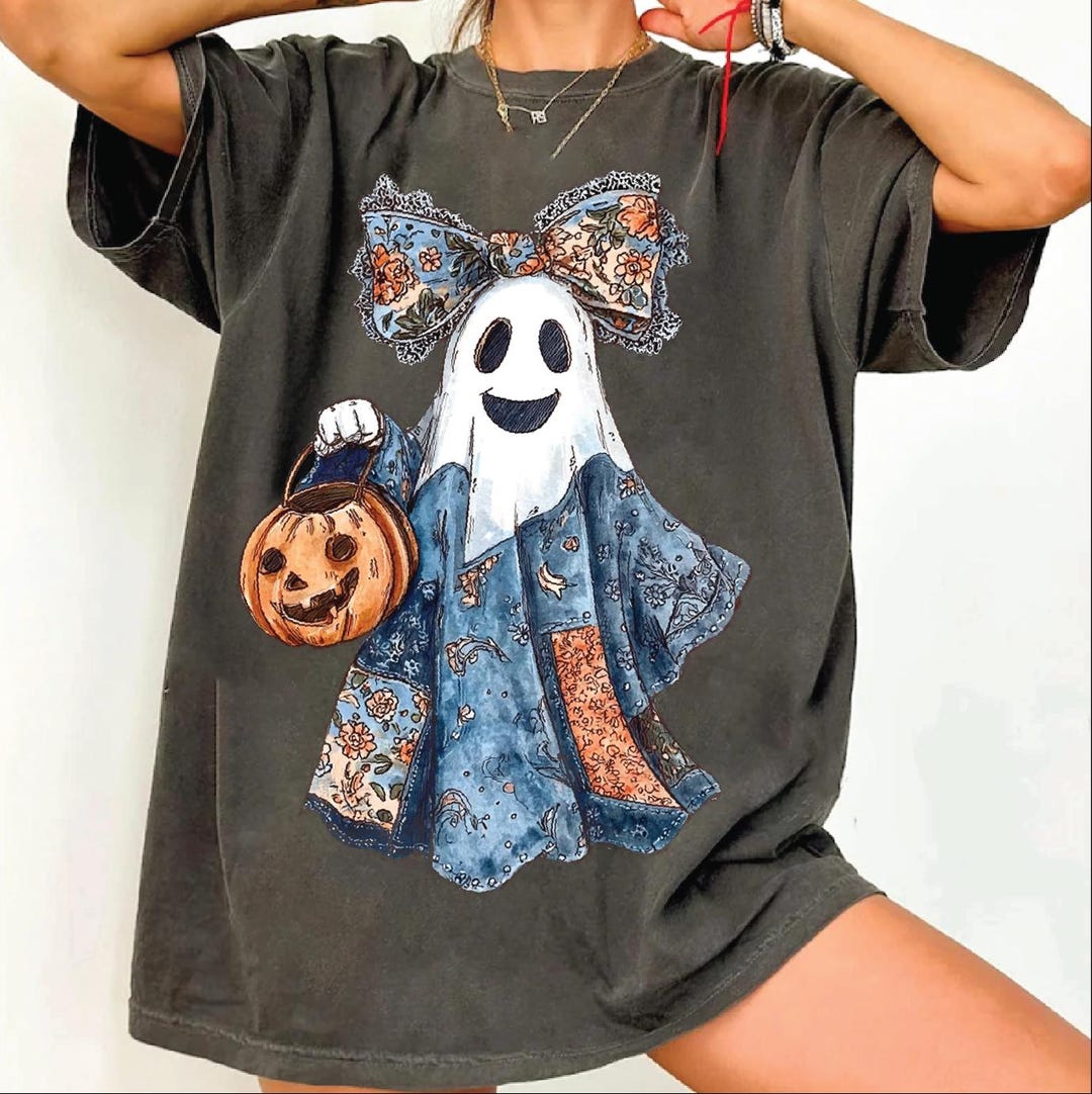 Retro Halloween Blue Denim Ghost Png, Trendy Patchwork Spooky Ghost Png ...