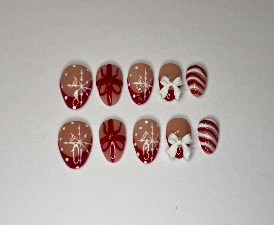 Red Christmas Present Press-on Nails – Gift Bows & Candy Cane Stripes ...