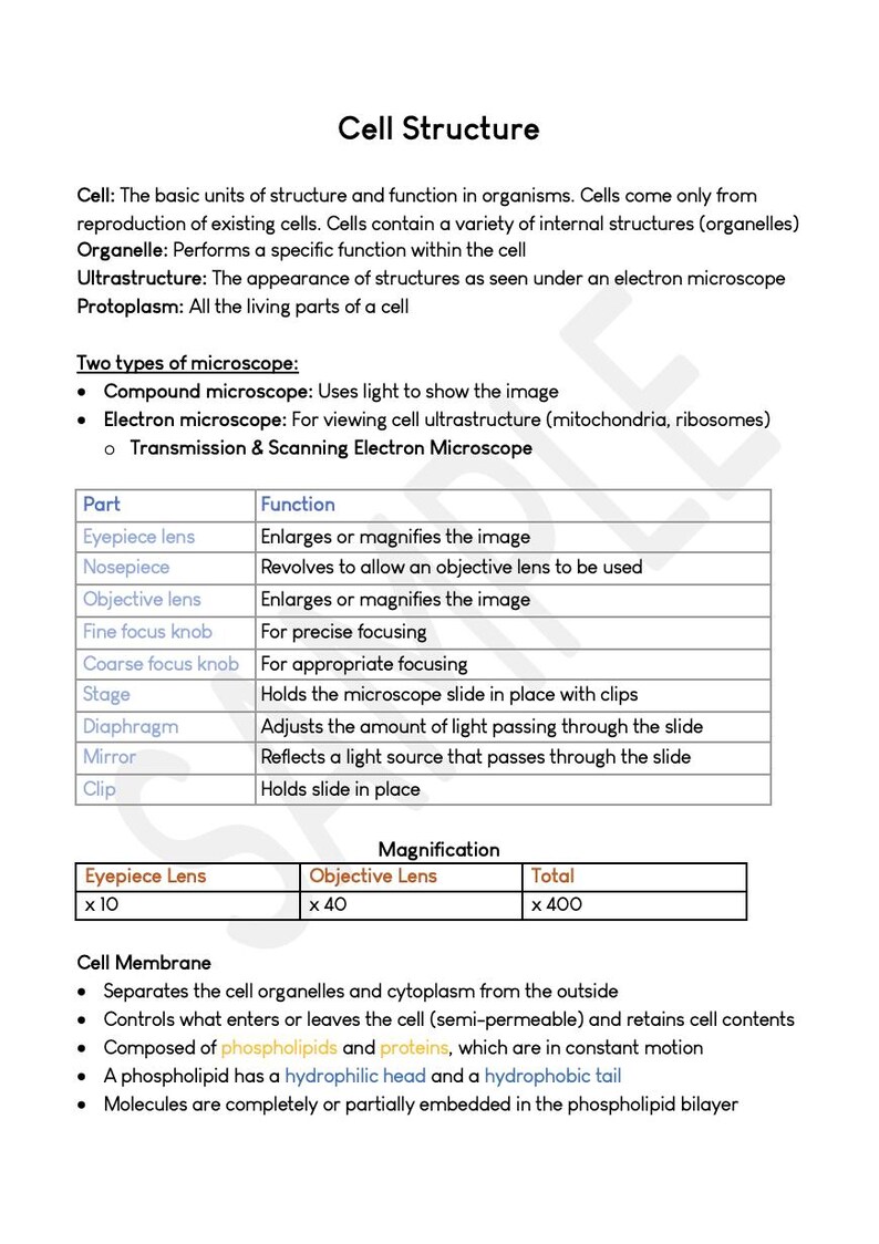 Leaving Cert Biology Cell Structure, Diversity and Division Notes - Etsy