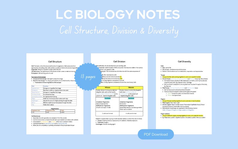 Leaving Cert Biology Cell Structure, Diversity and Division Notes - Etsy