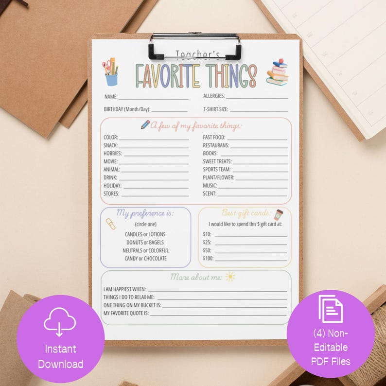 All About My Teacher Favorite Things, Teacher Appreciation ...