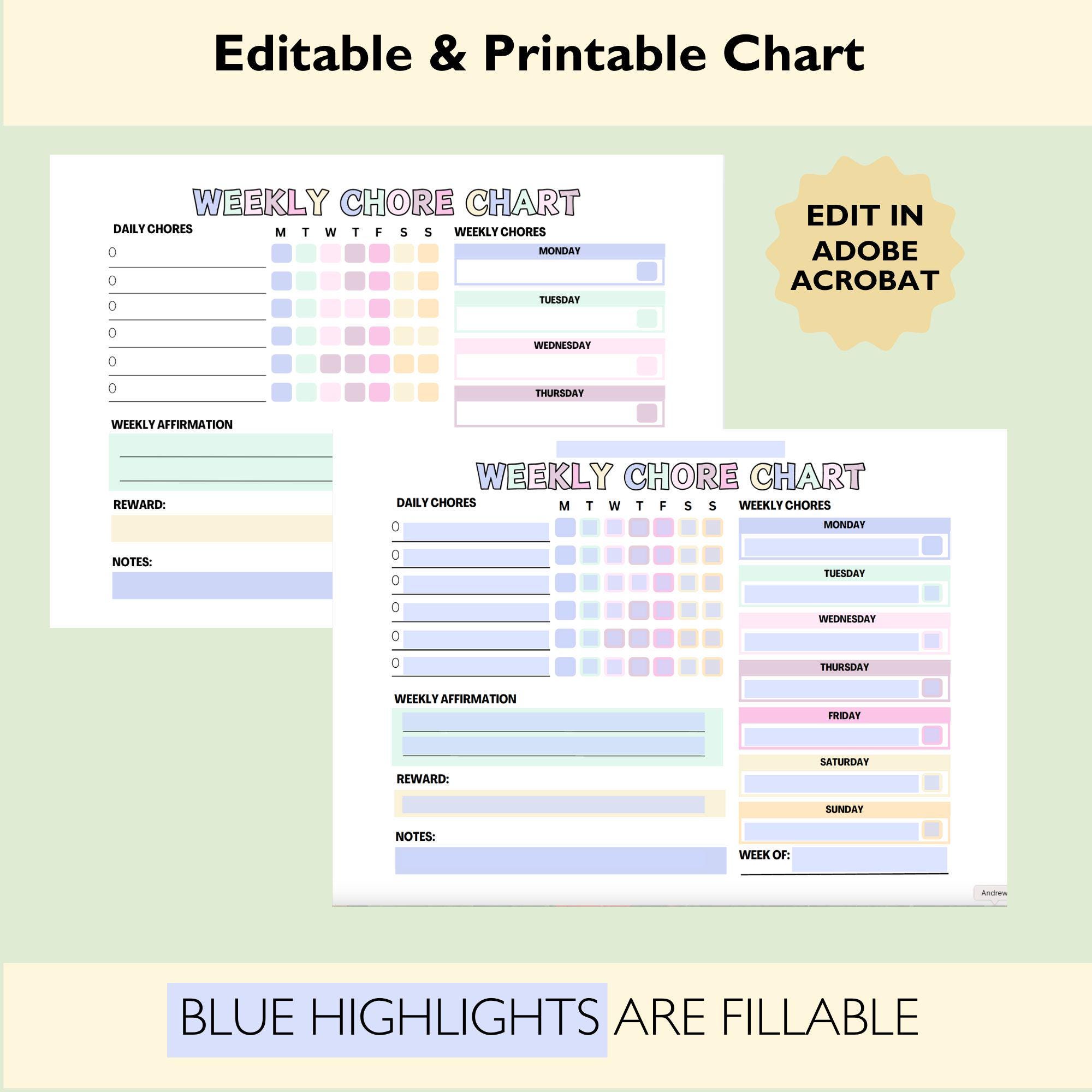Kids Editable Chore Chart, Weekly Chore Planner, Daily Routine Template ...