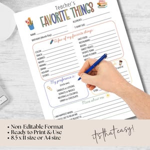 All About My Teacher Favorite Things, Teacher Appreciation ...