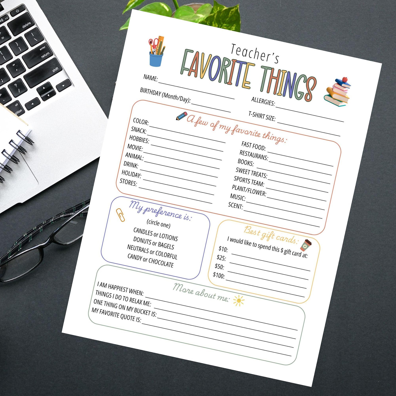 All About My Teacher Favorite Things, Teacher Appreciation ...