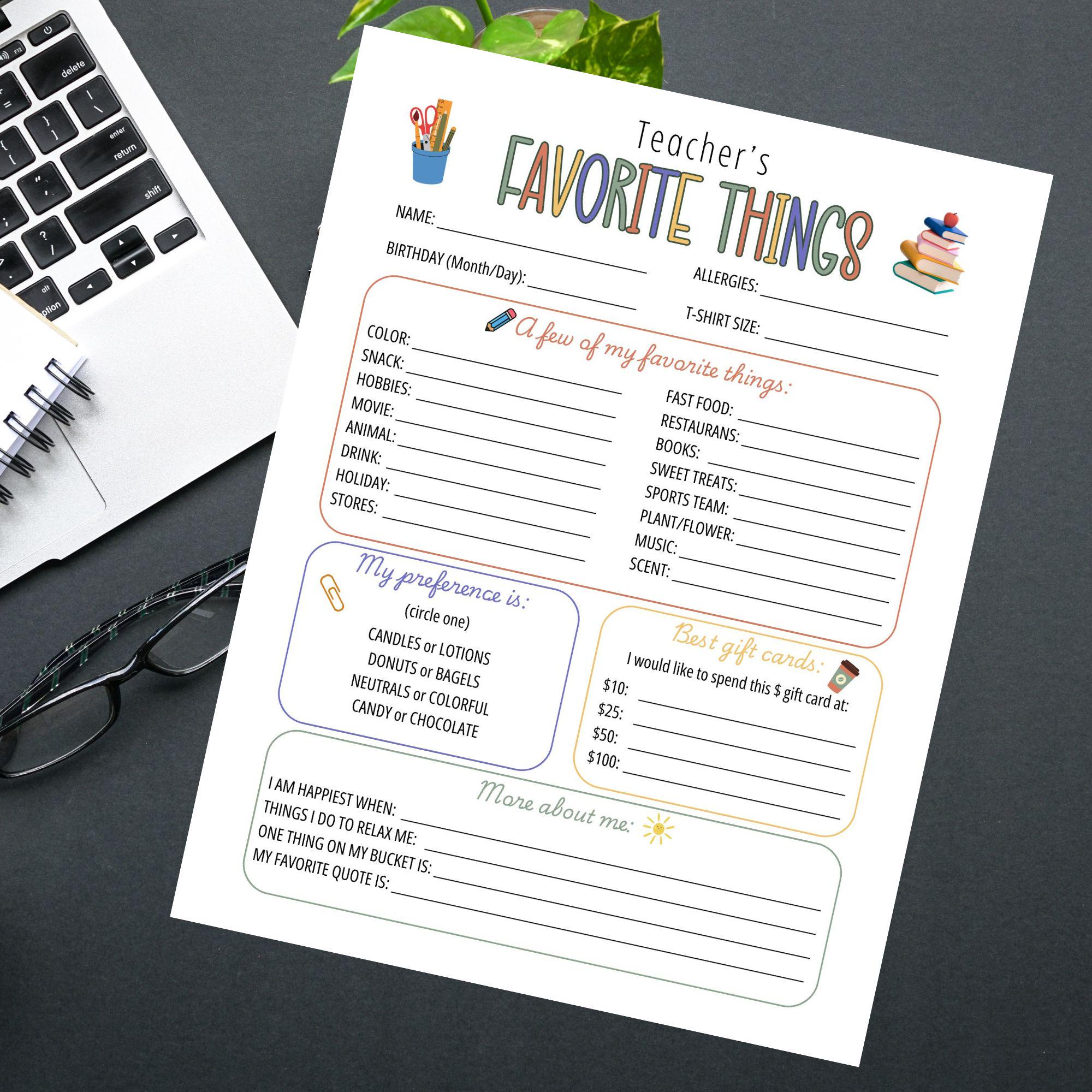 All About My Teacher Favorite Things, Teacher Appreciation ...