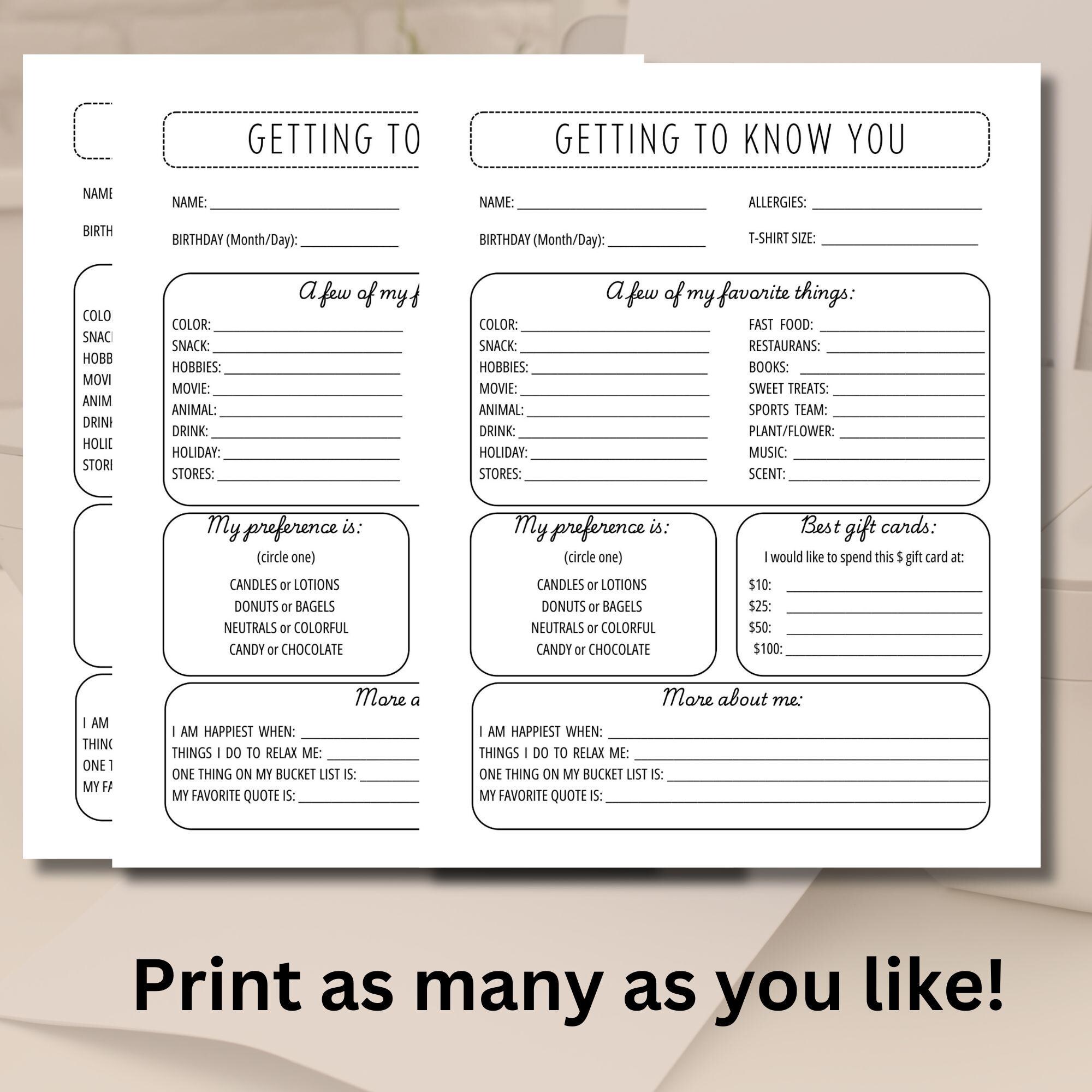 Getting to Know You Printable, Favorite Things Questionnaire, Coworker ...