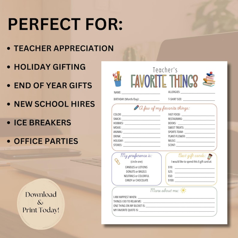 All About My Teacher Favorite Things, Teacher Appreciation ...