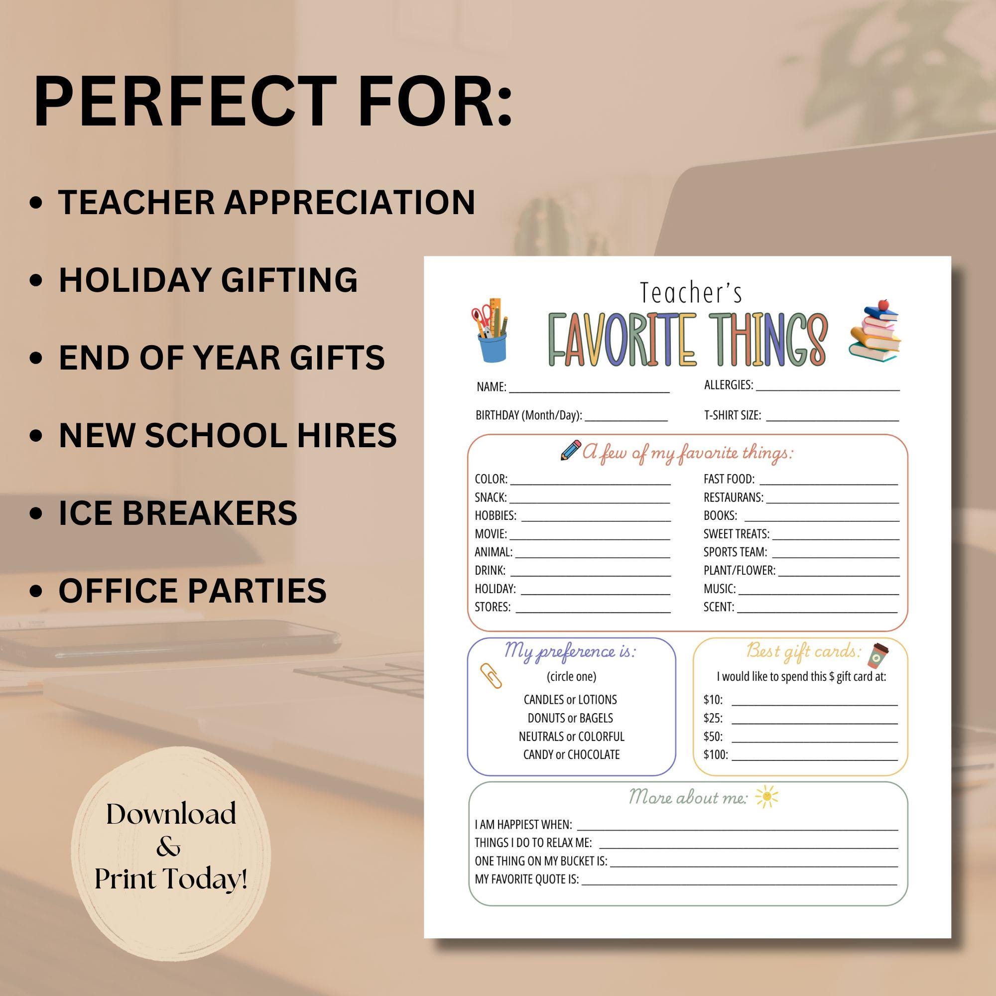 All About My Teacher Favorite Things, Teacher Appreciation ...
