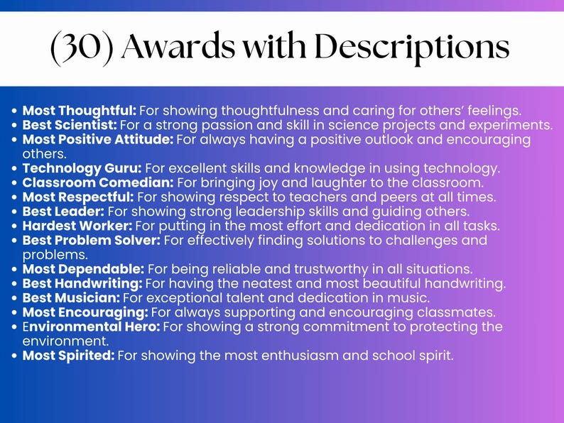 30 Student Classroom Award Download, End of Year School Awards, Student ...